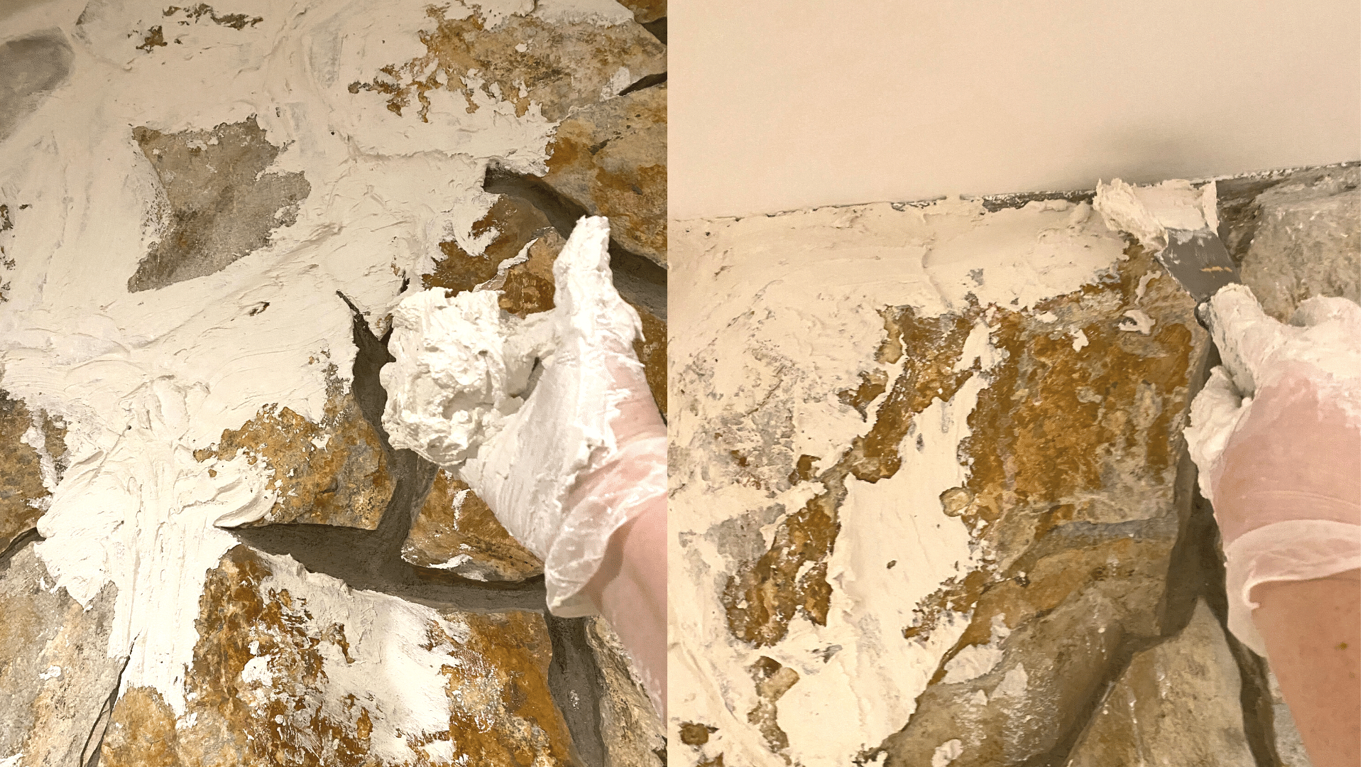 How to Overgrout Stone Veneer: Fireplace Makeover Step One - Flower in ...