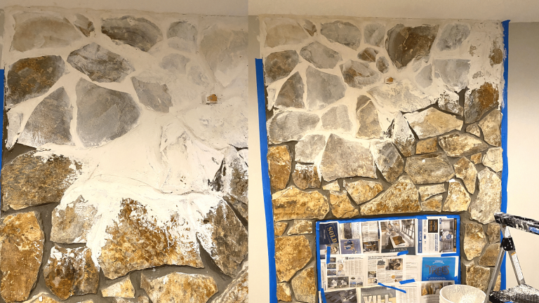 How to Overgrout Stone Veneer: Fireplace Makeover Step One - Flower in ...